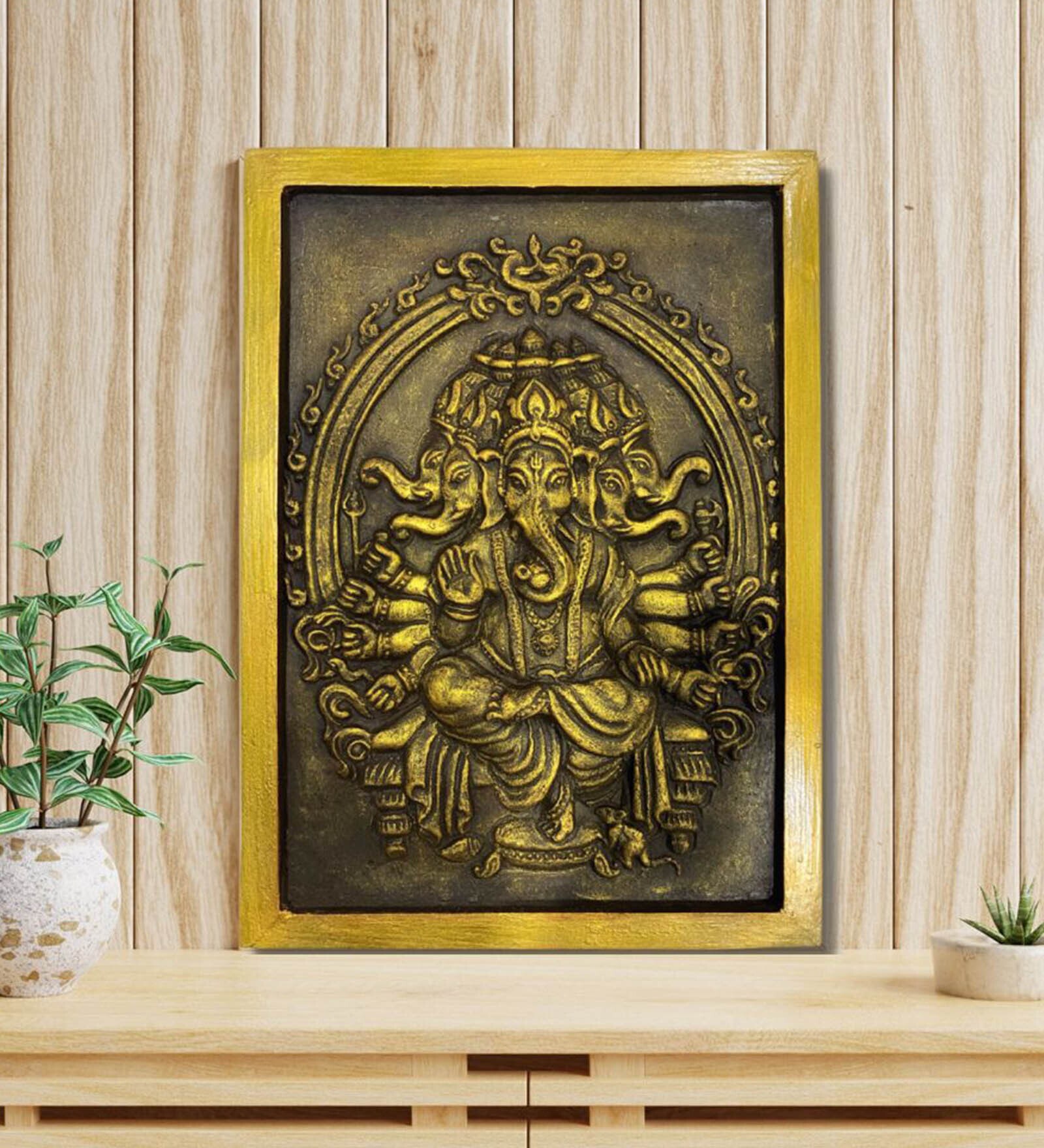 Buy Fibre Panchmukhi Ganesh Relief Mural Golden at 12% OFF by Artociti ...