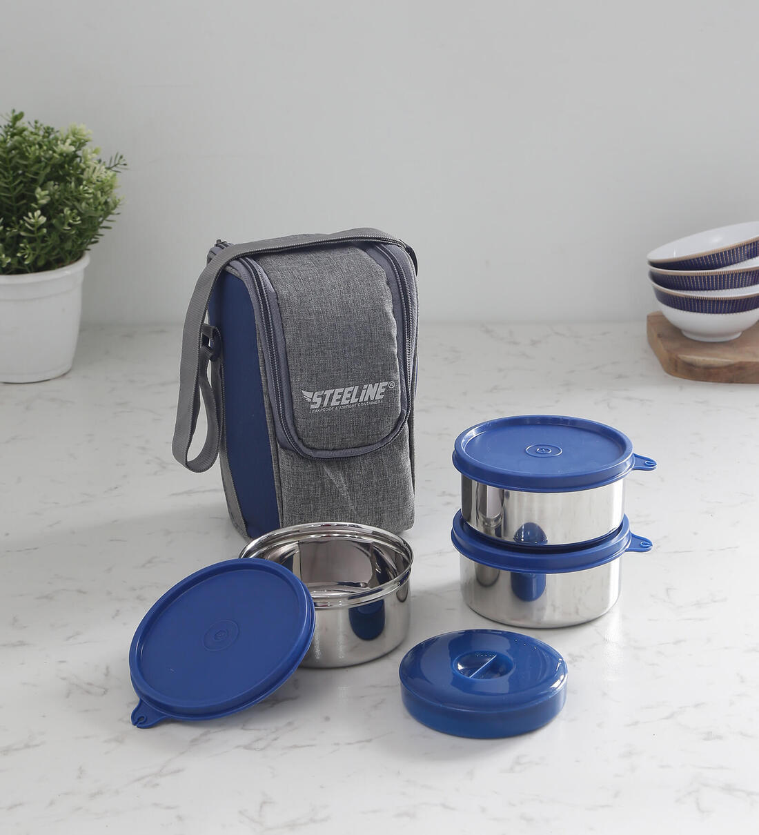 Buy Flexi Blue Stainless Steel 3Pcs Container Lunch Box With Carry ...