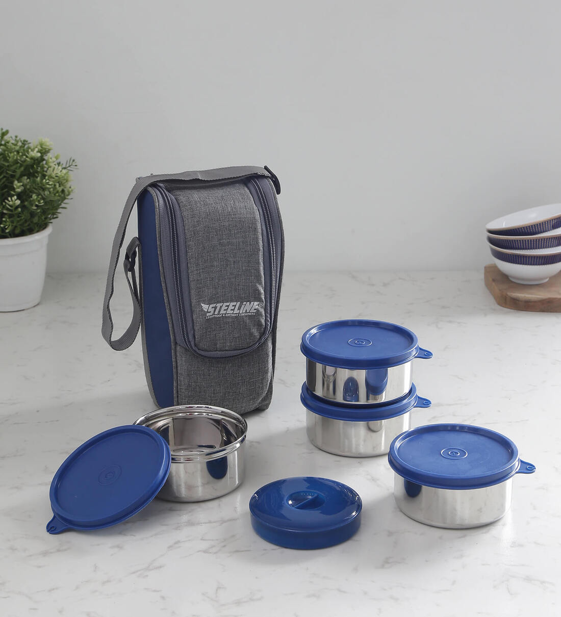 Buy Flexi Blue Stainless Steel 4Pcs Container Lunch Box With Carry ...