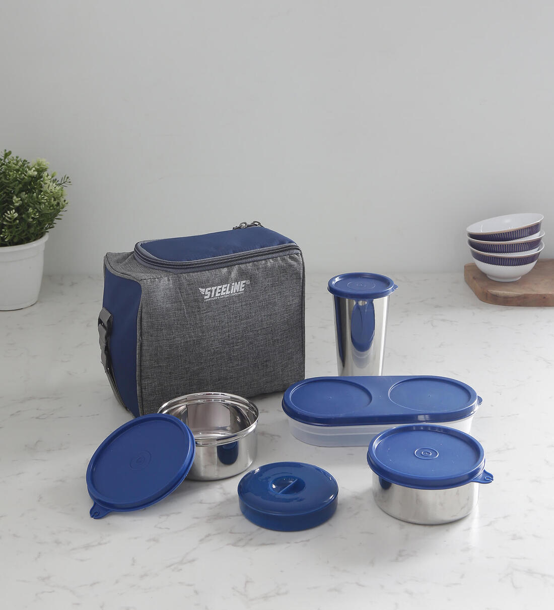 Buy Flexi Blue Stainless Steel 5Pcs Container Lunch Box With Carry ...