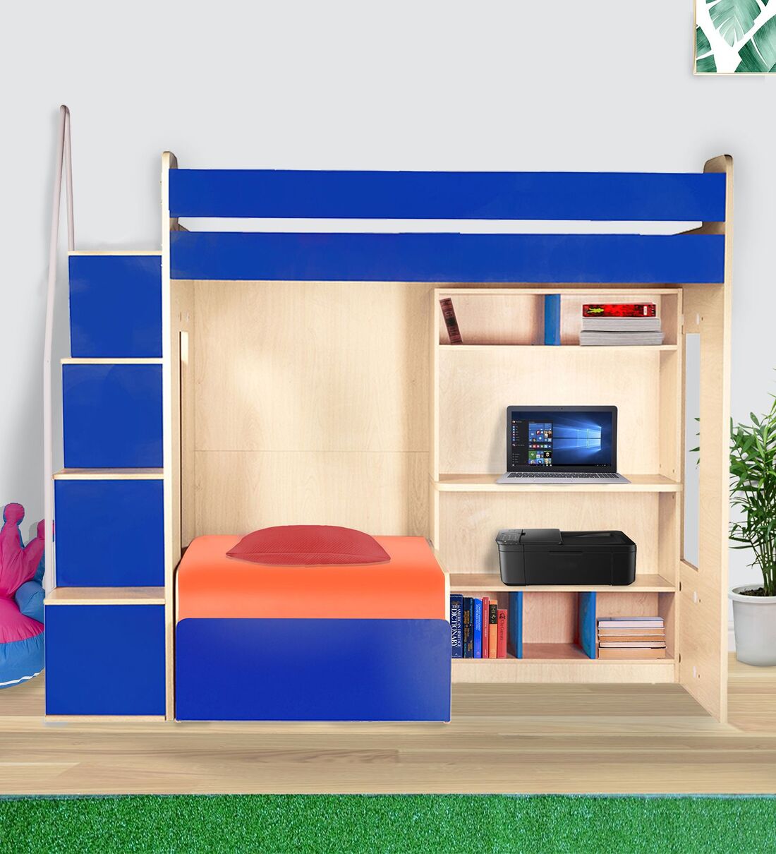 Buy Combi Bunk Bed in Blue Colour with Drawer Storage & Study Table ...