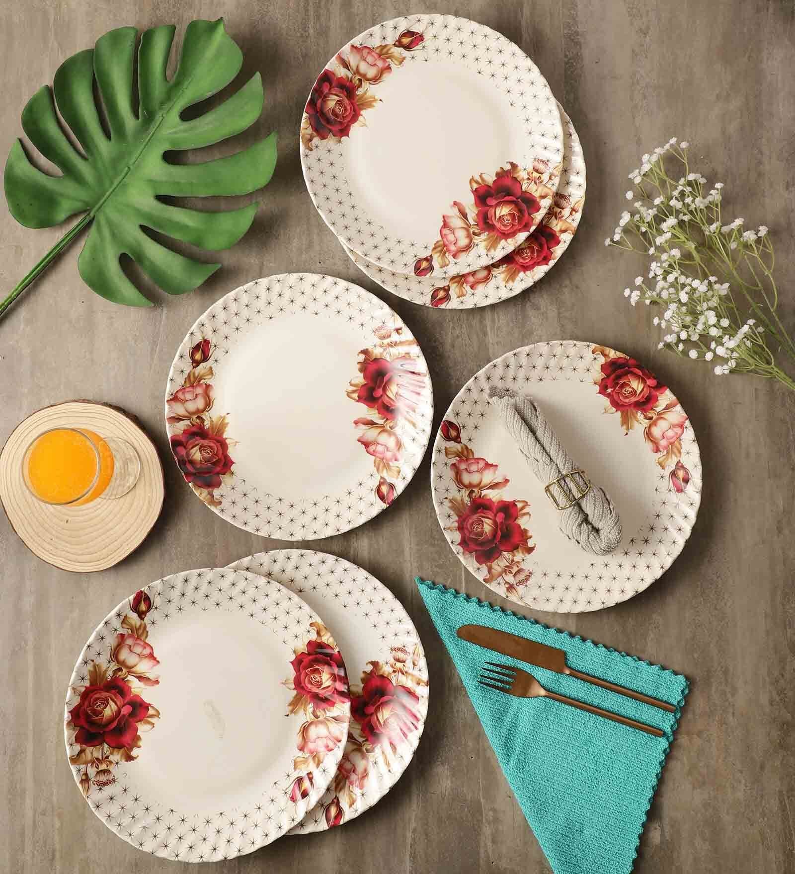Buy Floral Patterned 11 Inch White Melamine (Set of 6) Dinner Plate ...