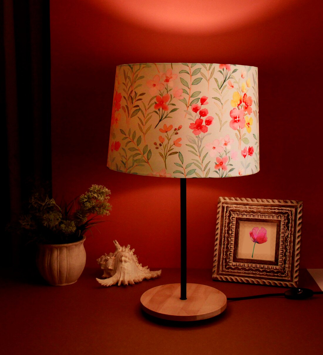 Buy Garden White Polyester Shade Table Lamp with Wood Base by Rangreli ...