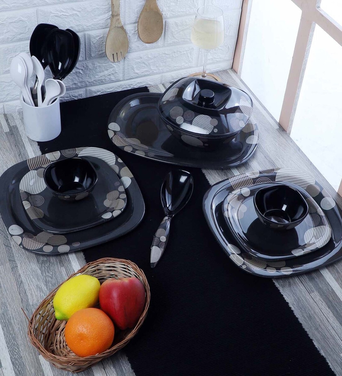 Buy Geometric Printed 40 Pcs Black Melamine Dinnerware Set Online ...