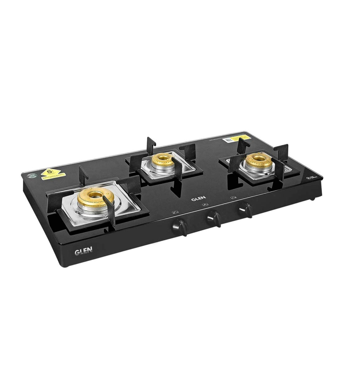 Buy Glen 3 Burner Glass Black Cooktop 1038 SQ BL with Forged Brass ...