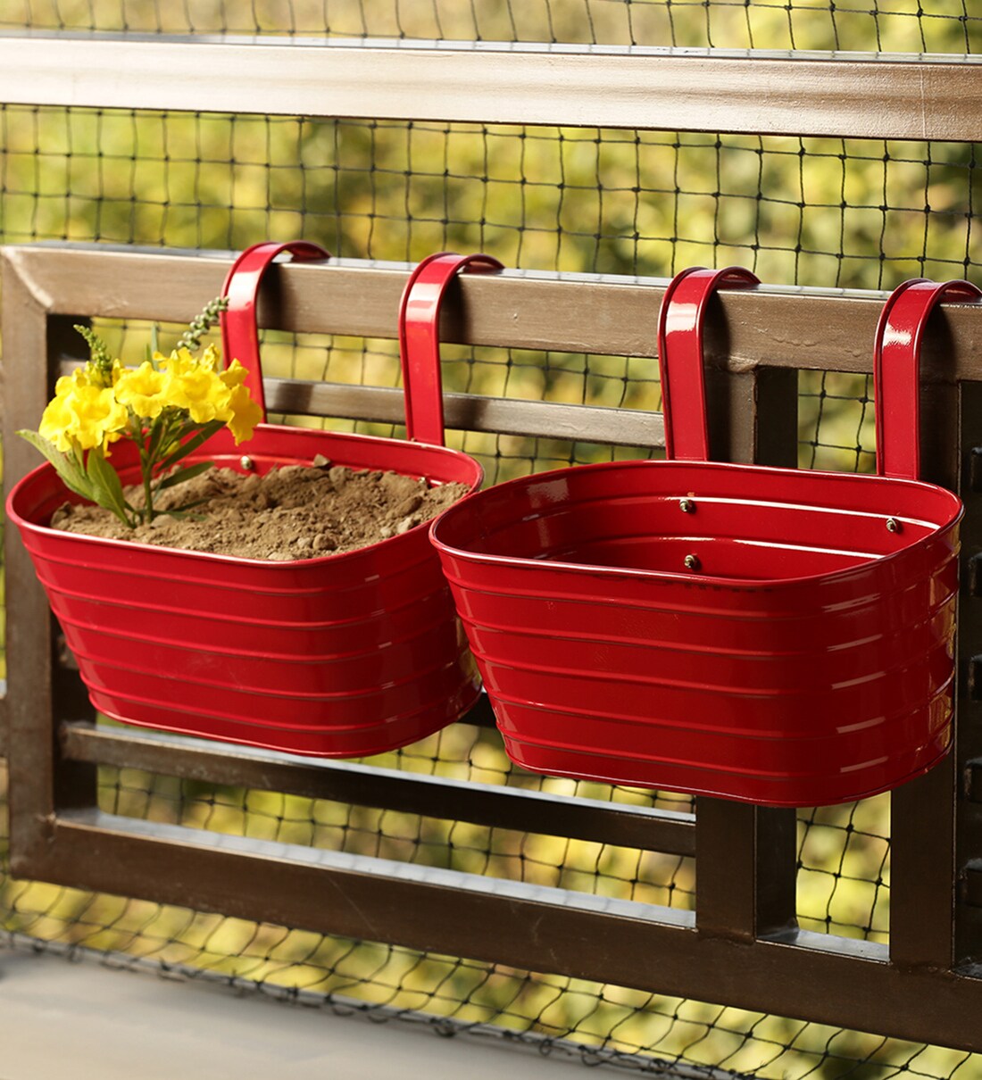 Buy Glossy Red Galvanized Iron Handpainted Railing Planter, Set Of 2 ...