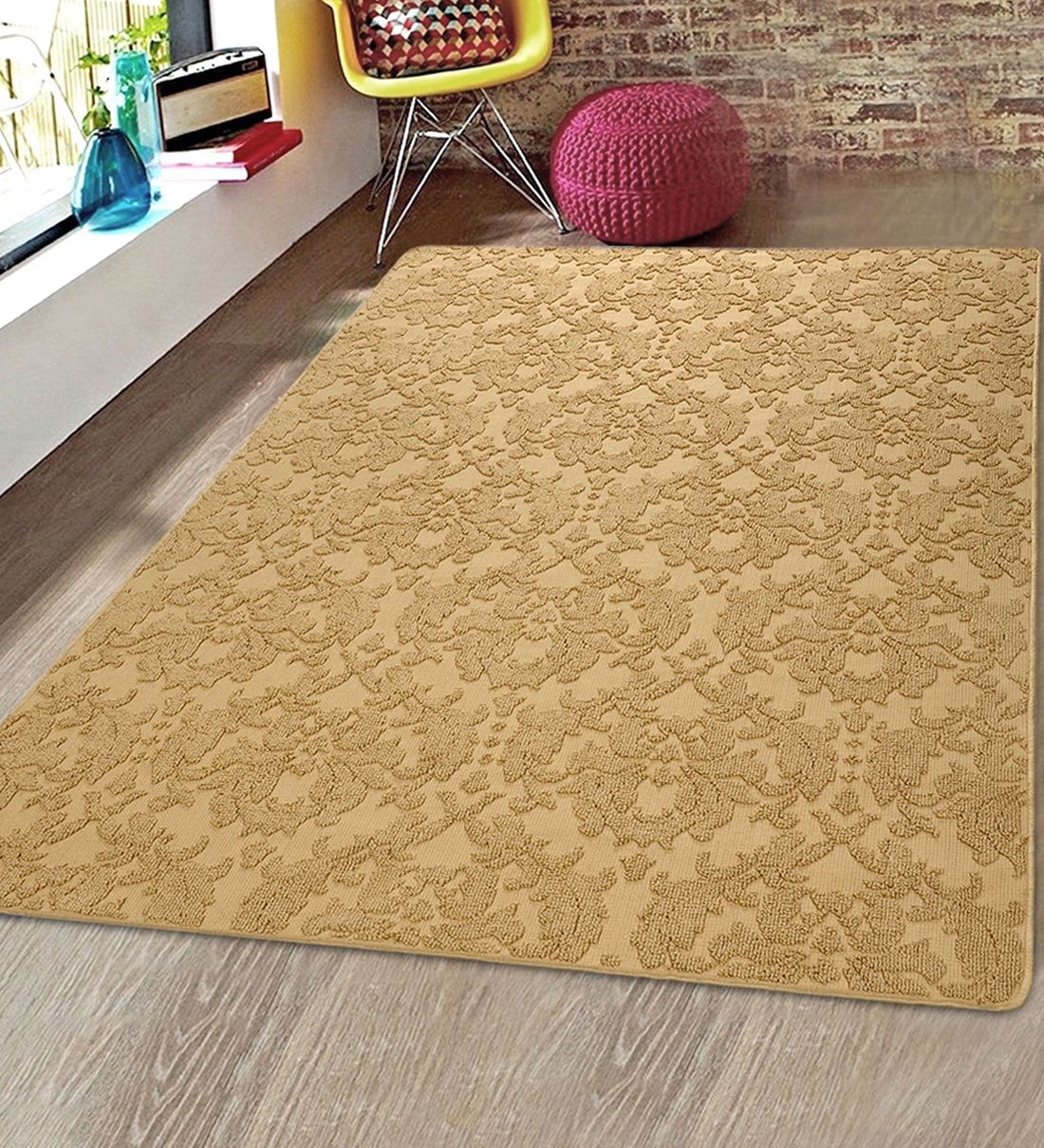 Buy Gold Microfibre Floral 5 x 7 Feet Hand Tufted Carpet by Saral Home ...