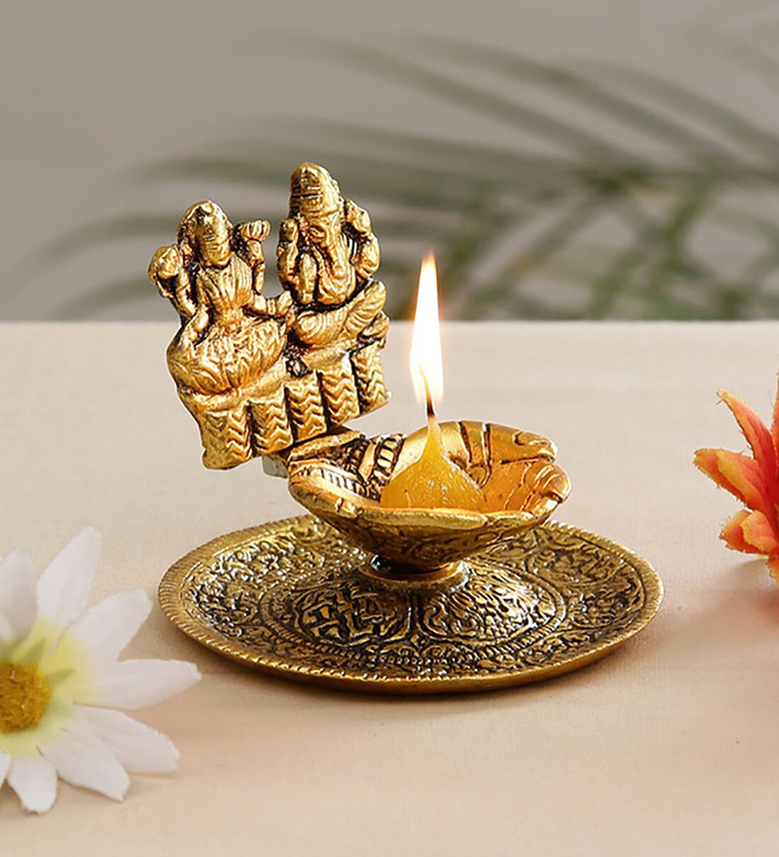 Buy Gold Metal Lakshmi Ganesh Hand Diya By Handicrafts Paradise Online ...