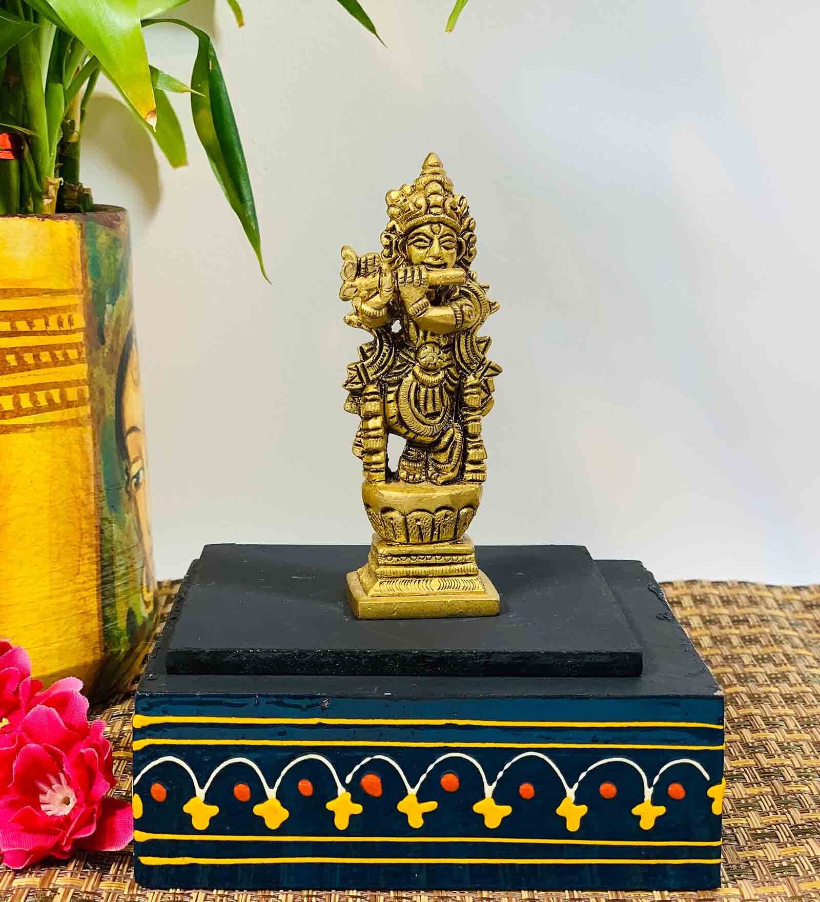 Buy Gold Brass Brass Engraved Krishna Idol by Suriti The Culture Shop ...