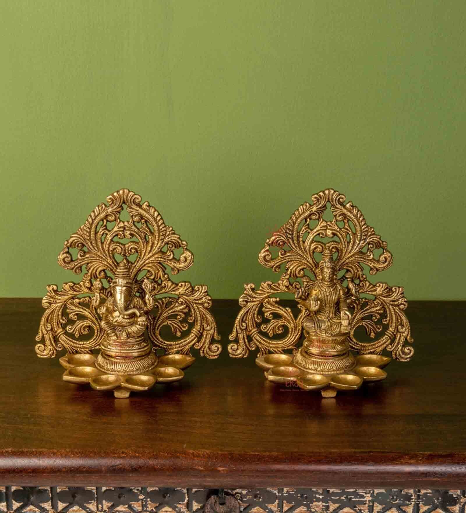 Buy Gold Brass Ganesha Laxmi Arch Diya, Handmade Oil Lamp for Temple by ...