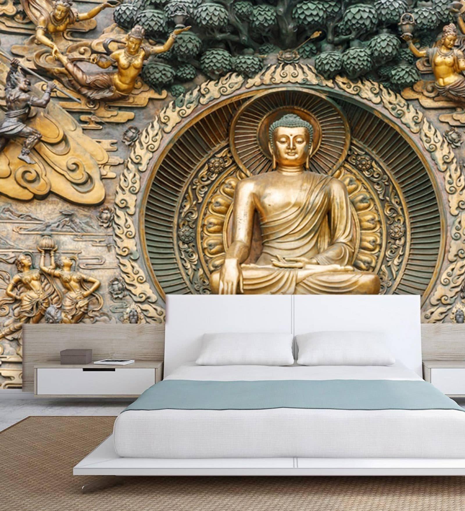 Buy Golden Non Wooven Paper 3D Golden Meditating Buddha Mural Wallpaper ...