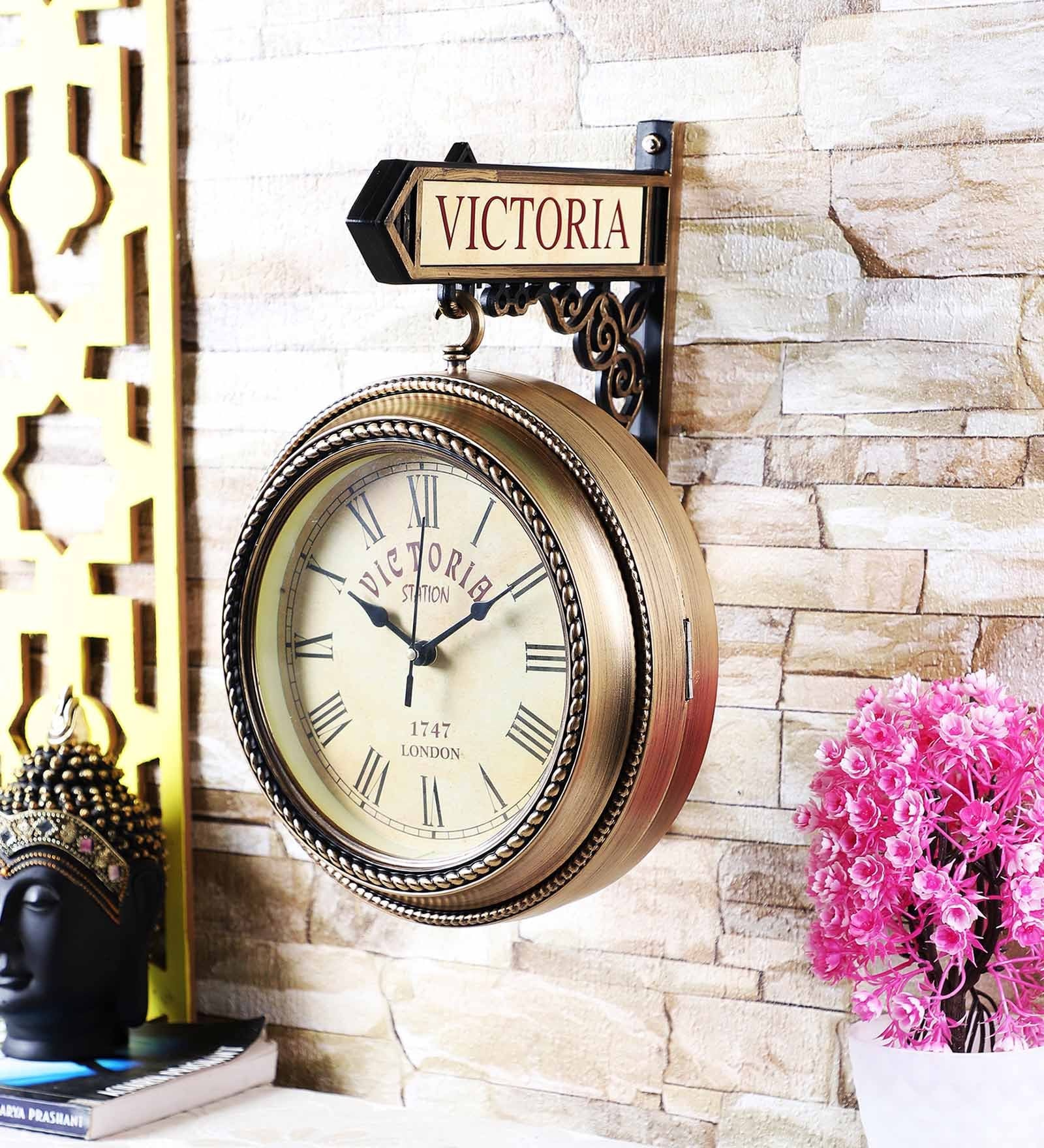 Buy Golden Plastic Dual Antique Victoria Analog Railway Clock Online ...