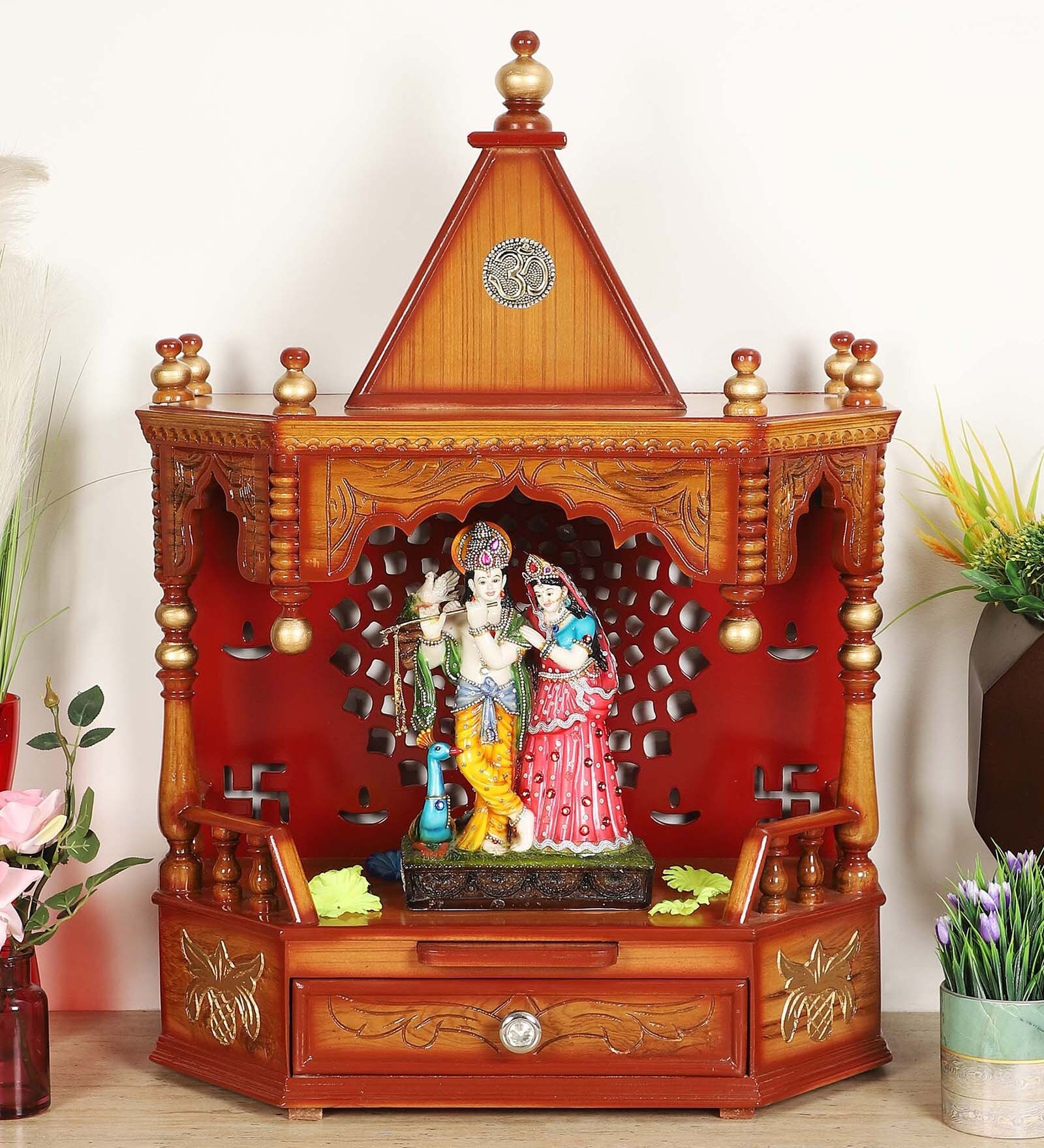 Buy Teak Wood Golden Floor Rested Single Dome Mandir With Storage ...