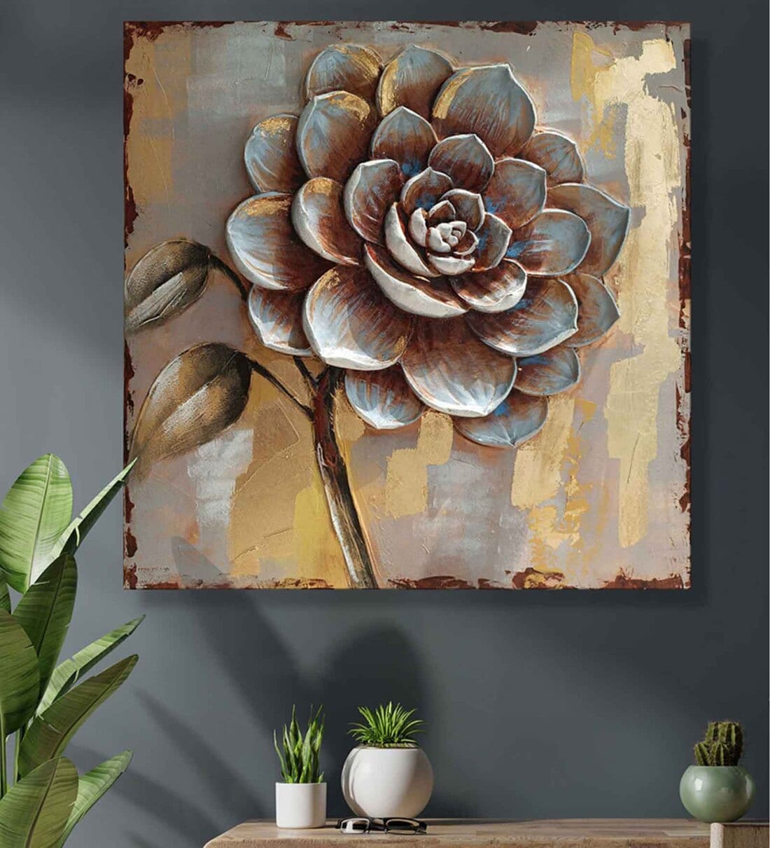 Buy Gray Embossed Rose Floral Wooden Framed Original On Canvas Painting ...