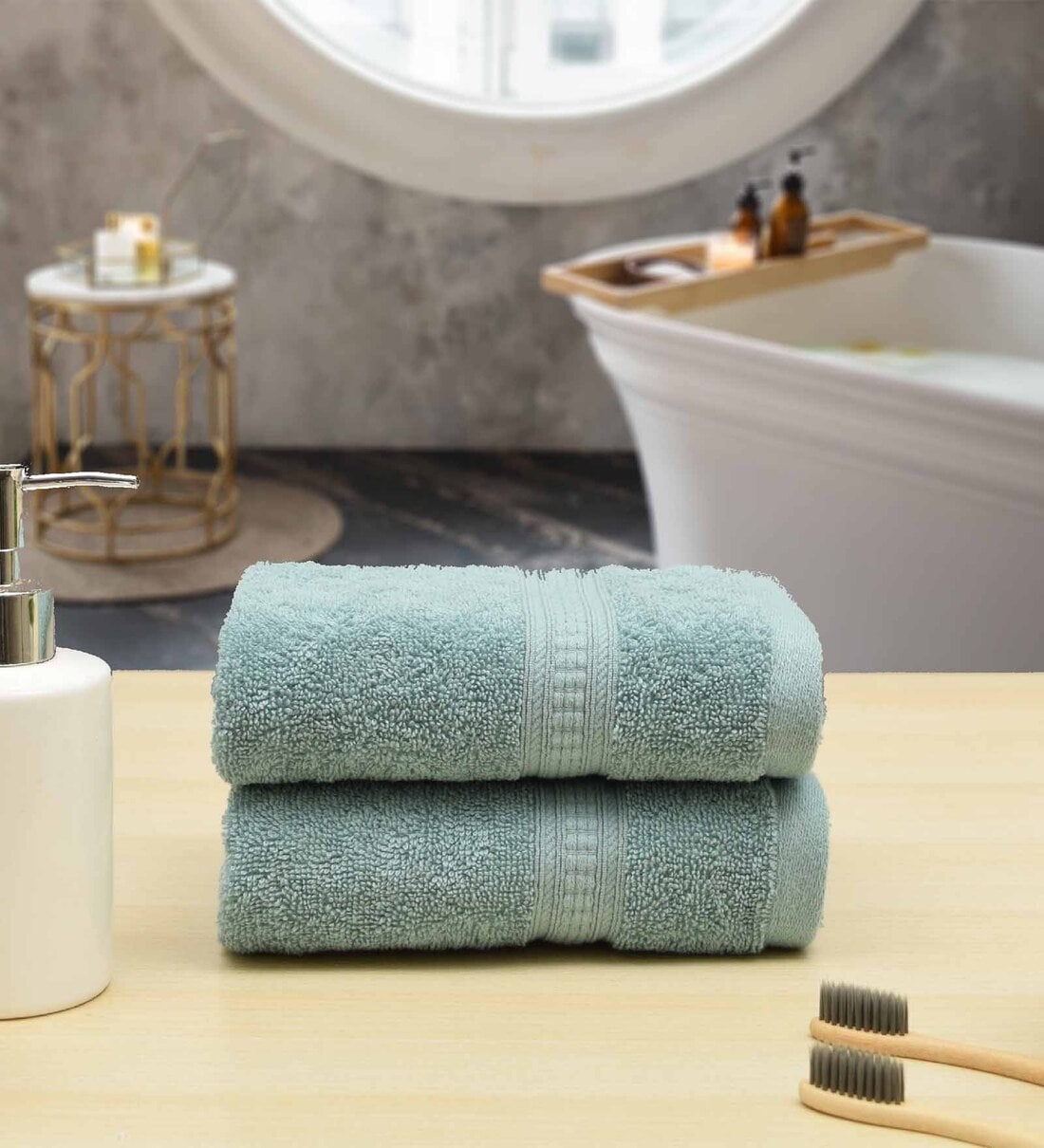 Buy Mint Solid 550 GSM Cotton Hand Towels (Set of 2) by RANGOLI Online ...