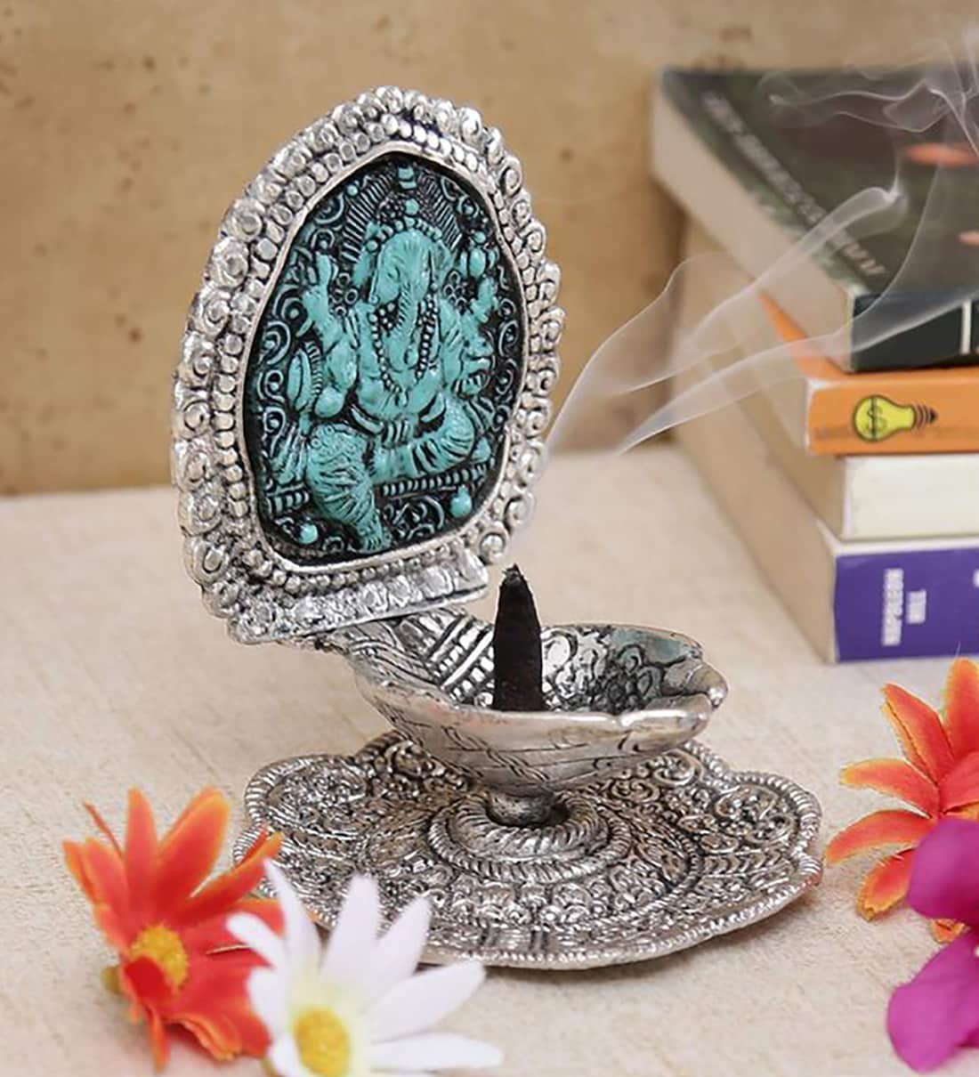 Buy Grey Aluminium Hand Shaped Diwali Diyas Ganesha Motiff Idol by ...