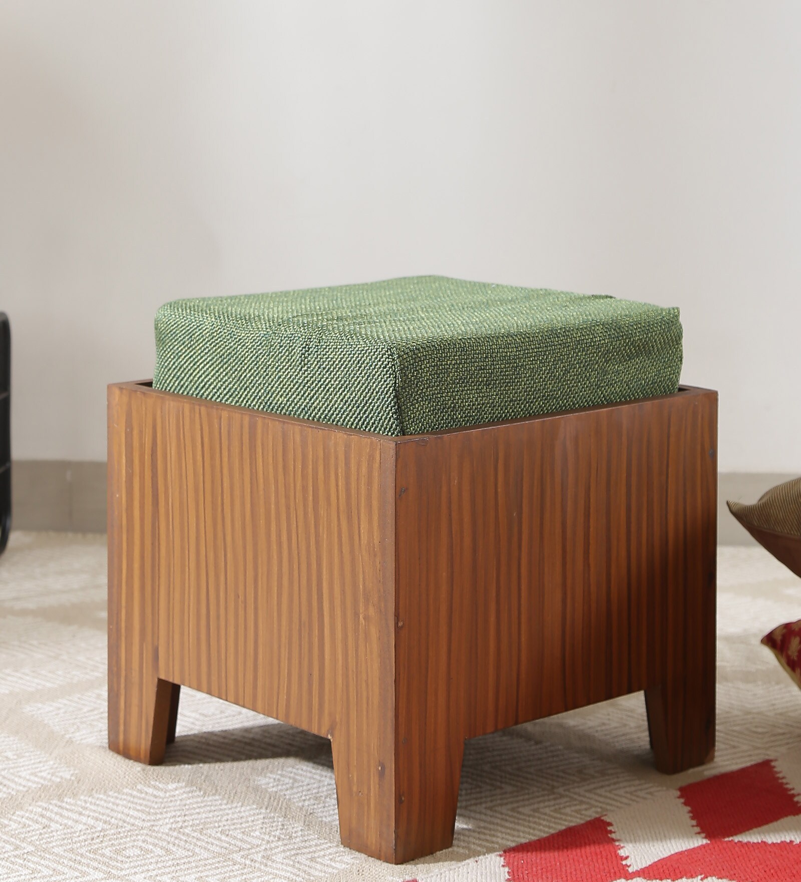 Buy Green Colour Jute Cushion Stool in Natural Wood Finish by VarEesha ...