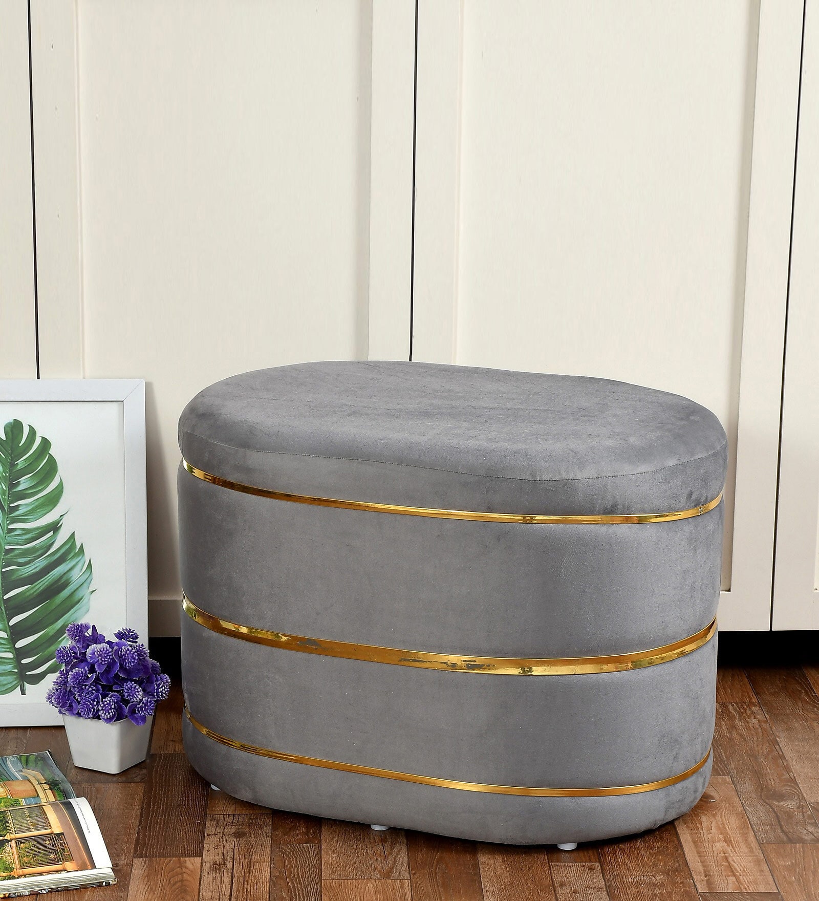 Buy Golden Velvet Pouffe in Grey Colour Online - Pouffes - Pouffes ...