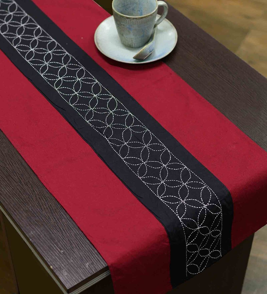 Buy Hand Kantha Embroidered Maroon Cotton 72 X 16 Inches Table Runner ...