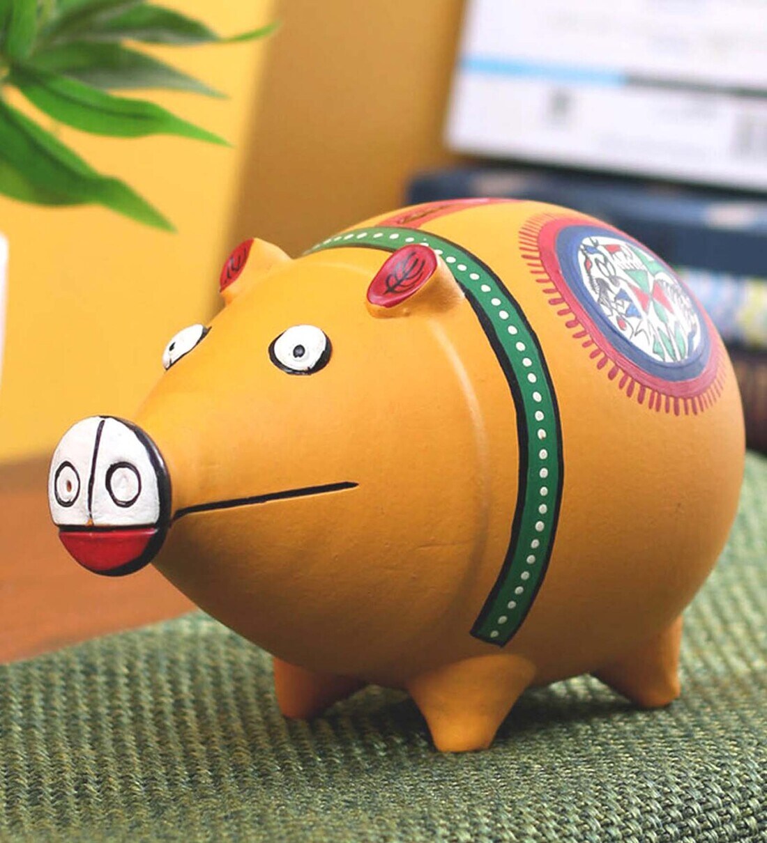 Buy Handcrafted Yellow Terracotta Piggy Bank Desk Organizer Online ...