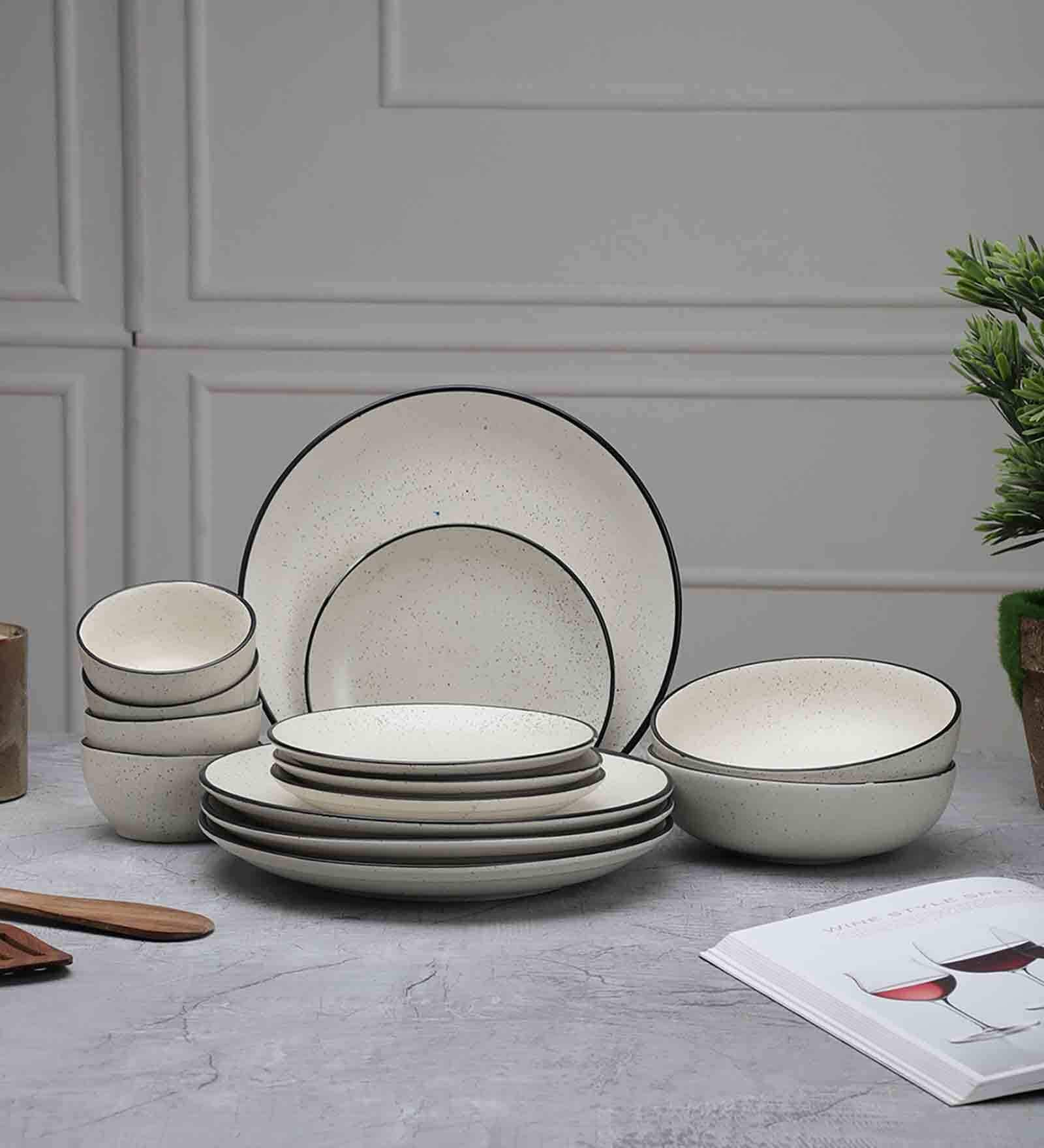 Buy Handcrafted Gaura 14 Pcs White & Black Ceramic Dinnerware Set ...