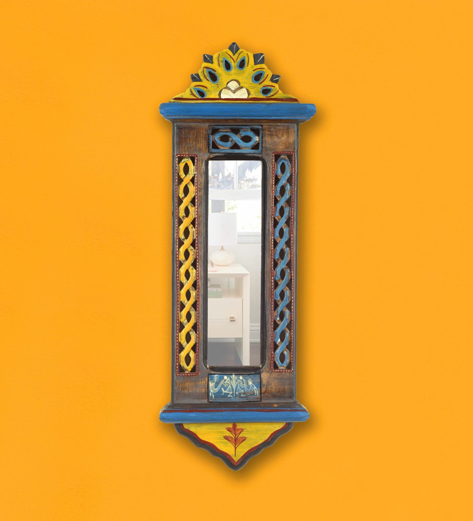 Buy Handcrafted Jharokha Blue Mango Wood Wall Mirror by Aakriti Art ...