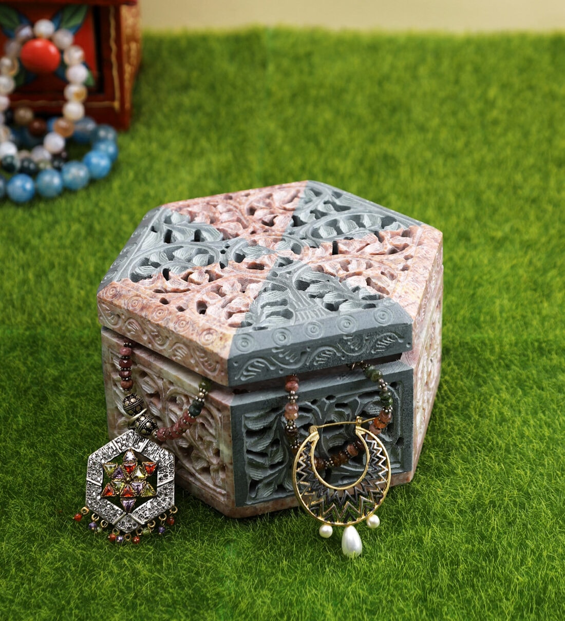 Buy Multicolour Soapstone Hexagonal Decorative Storage Jewellery ...