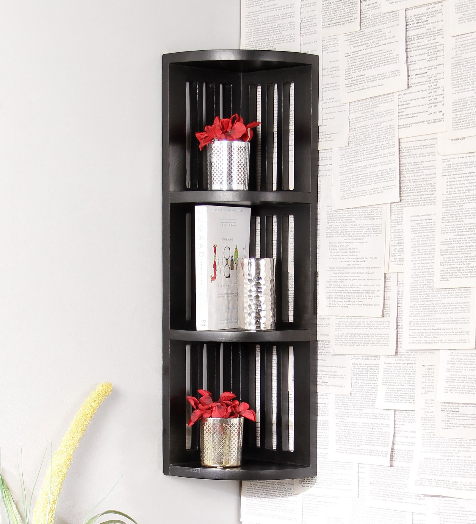 Buy Engineered Wood Stripes Corner Wall Shelf in Black Colour by Home ...