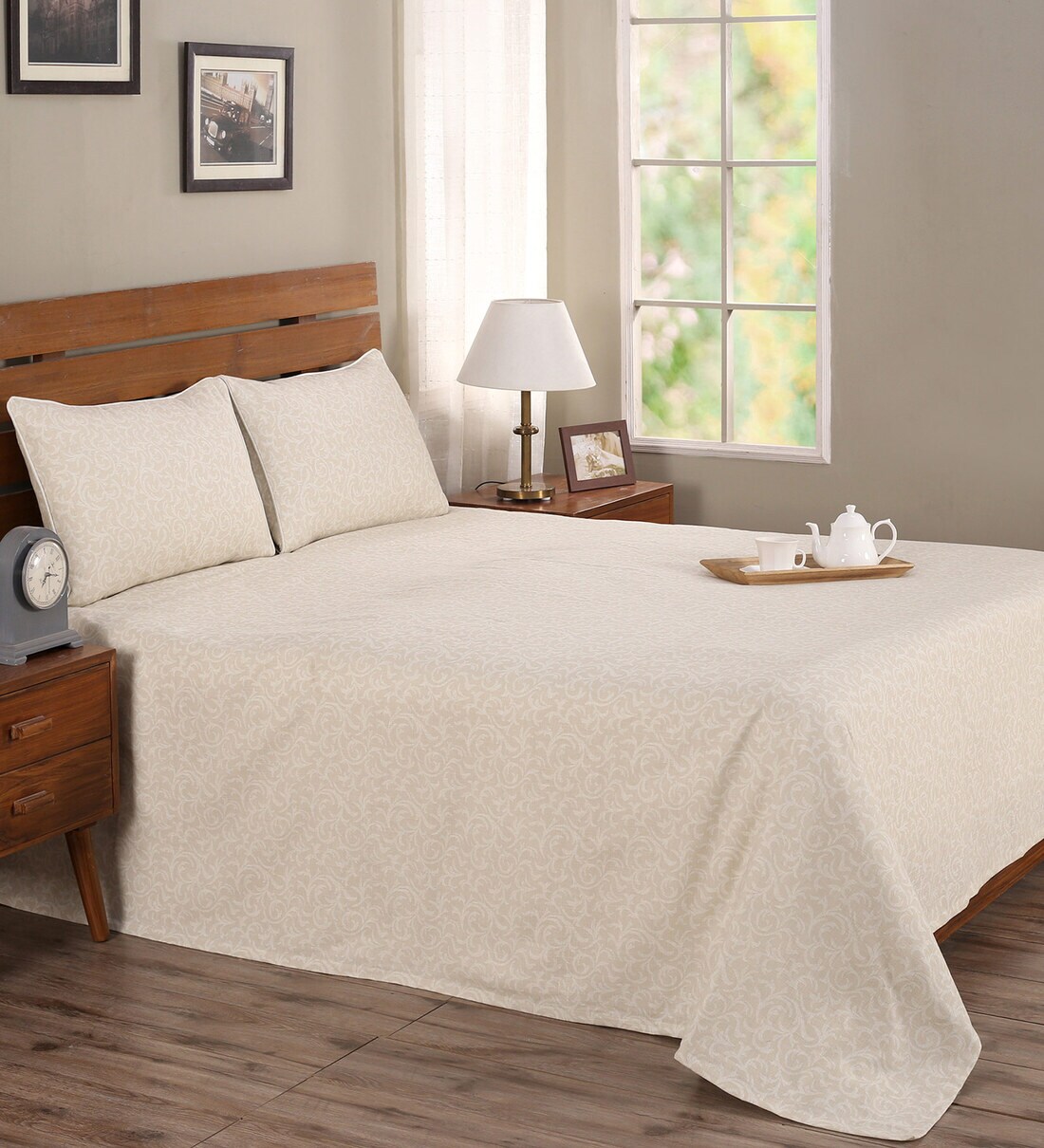 Buy Beige Abstract 300 TC Cotton and Viscose Double Bed Cover with 2 ...