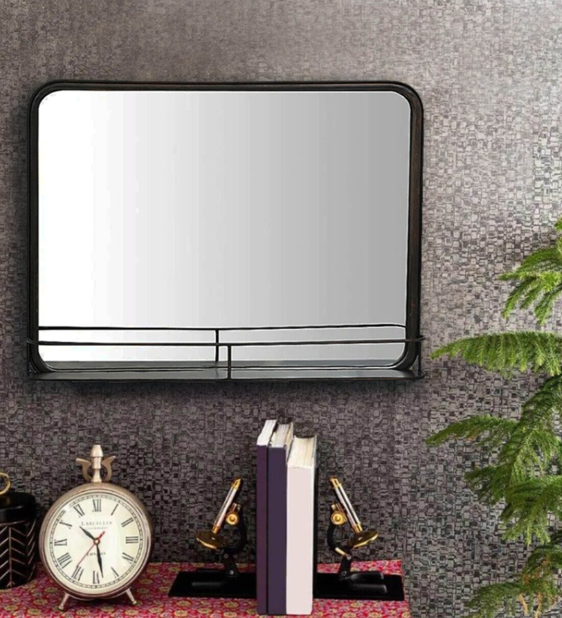 Buy Industria Rectangle Black Metal Wall Mirror With Shelf by Home4U at ...