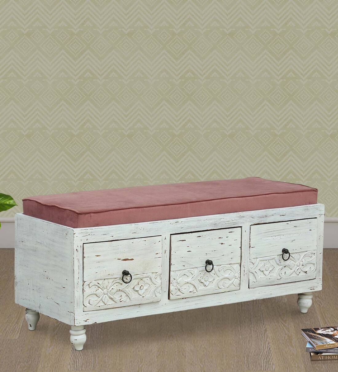 Buy Ines Teak Wood Ottoman In Distress Finish Online - Ottomans ...