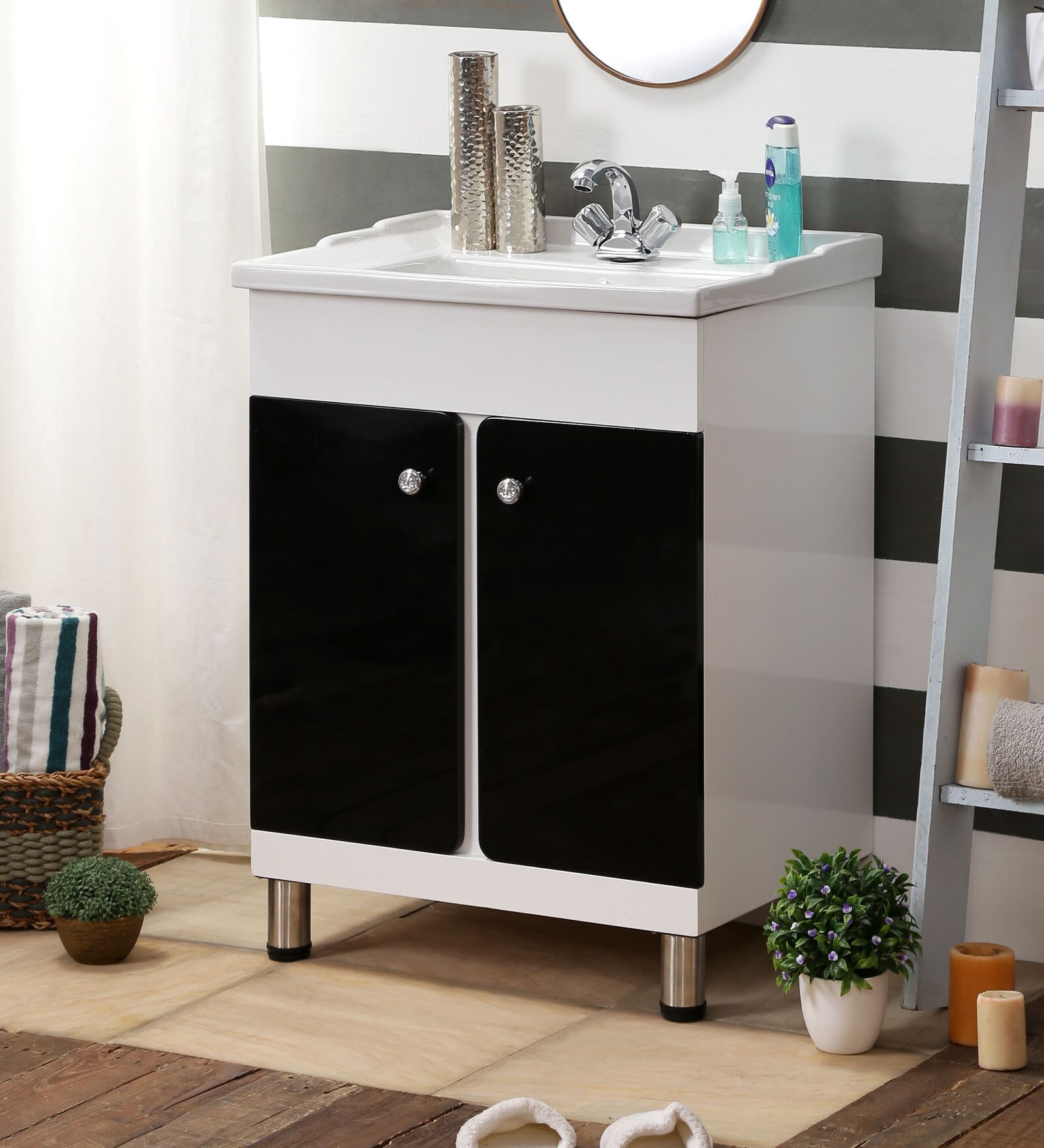 Buy PVC Floor Rested Bathroom Vanity in Black & White by JJ ...