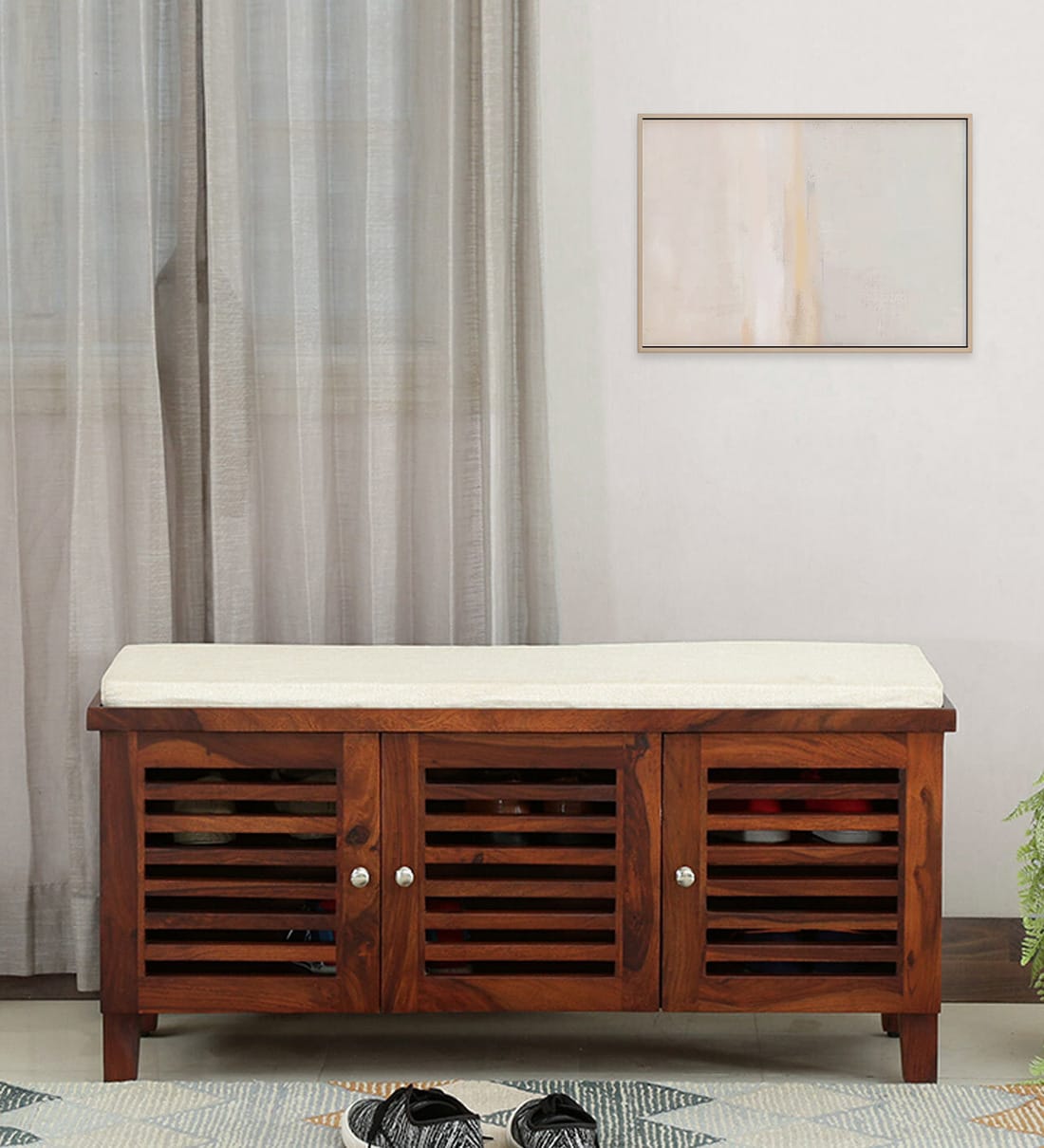 Buy Kelty Sheesham Wood Shoe Rack With Seating In Honey Oak Finish ...