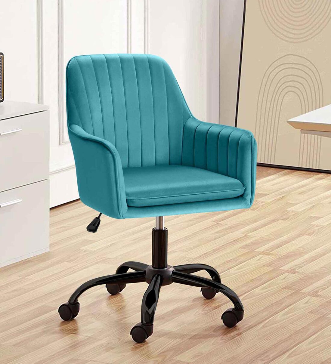 Buy Kiara Velvet Guest Chair in Sky Blue Colour with Revolving Base at ...