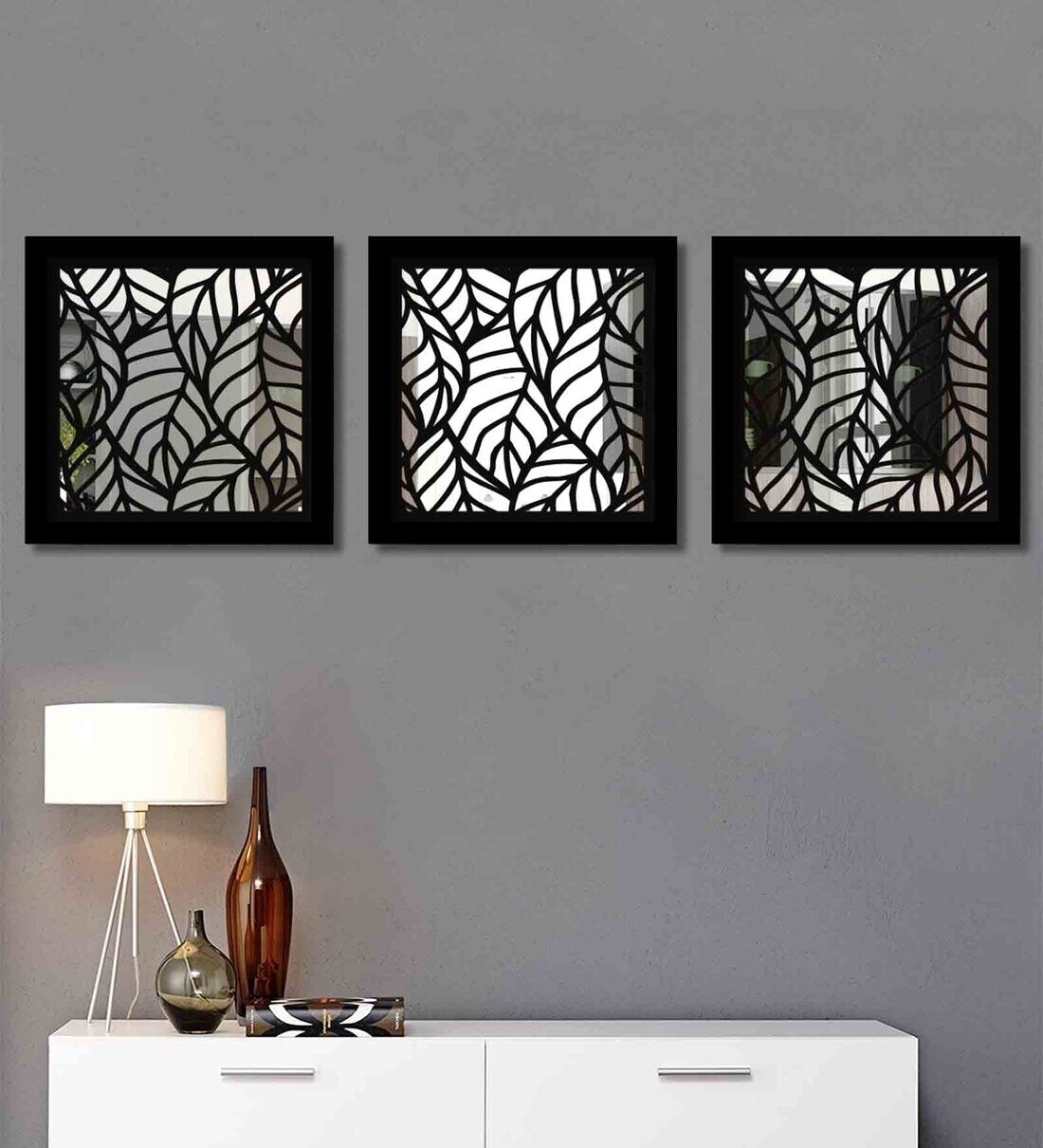 Buy Leaf Design Wooden Set of 3 Square Shape Mirror in Black Colour ...