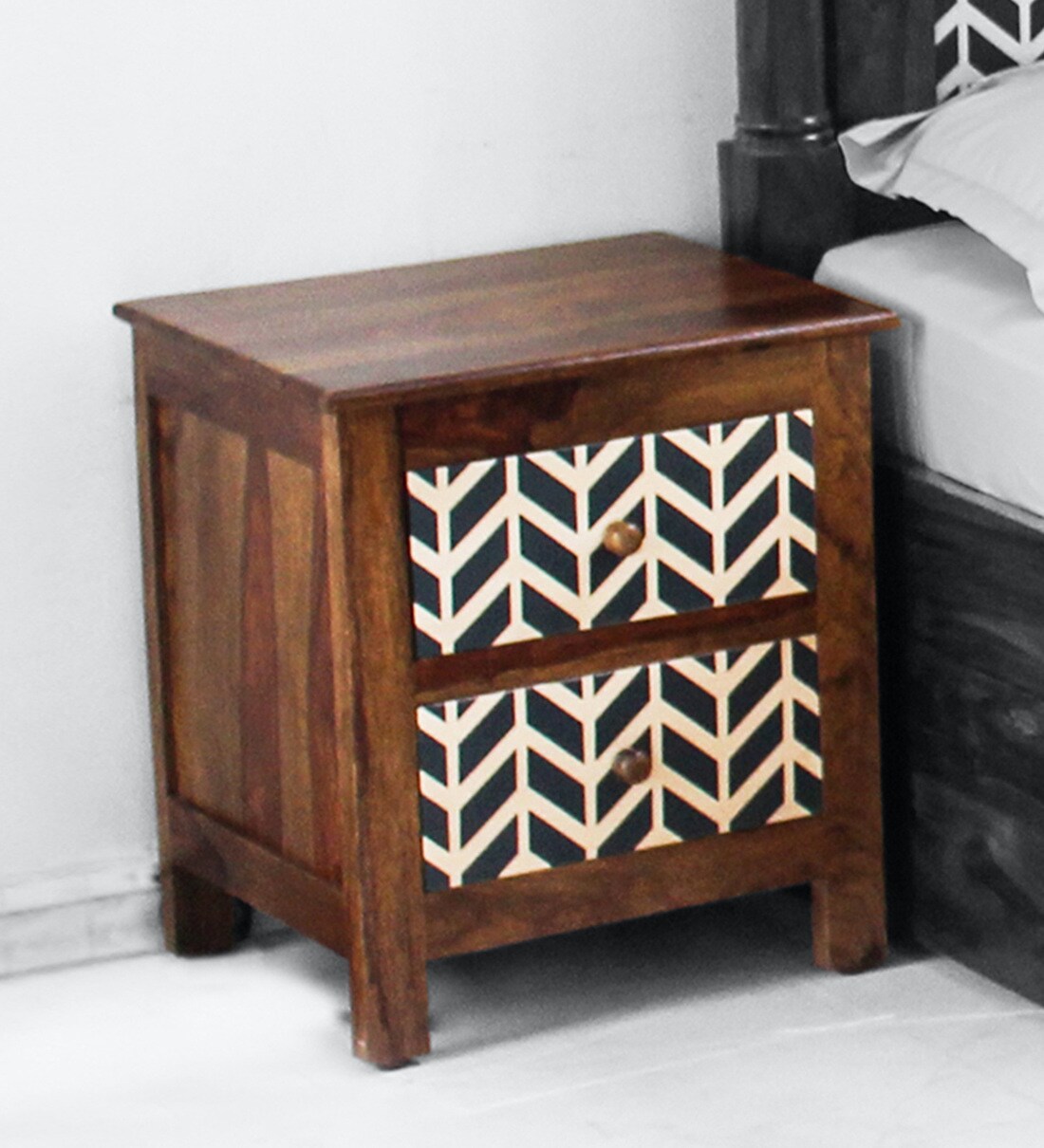 Buy Margot Sheesham Wood Bedside Table in Teak Finish with Drawers ...