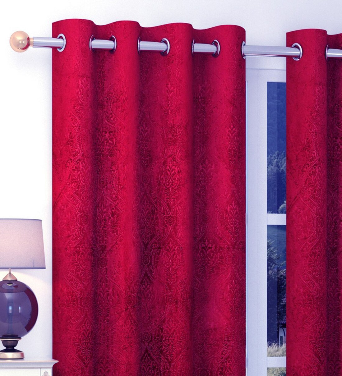 Buy Maroon Floral Velvet 9 Ft Blackout Eyelet Door Curtains (Set of 2 ...