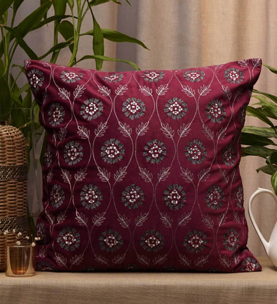 Buy Maroon Traditional Velvet 20 x 20 Inches Cushion Cover by Zeba at ...