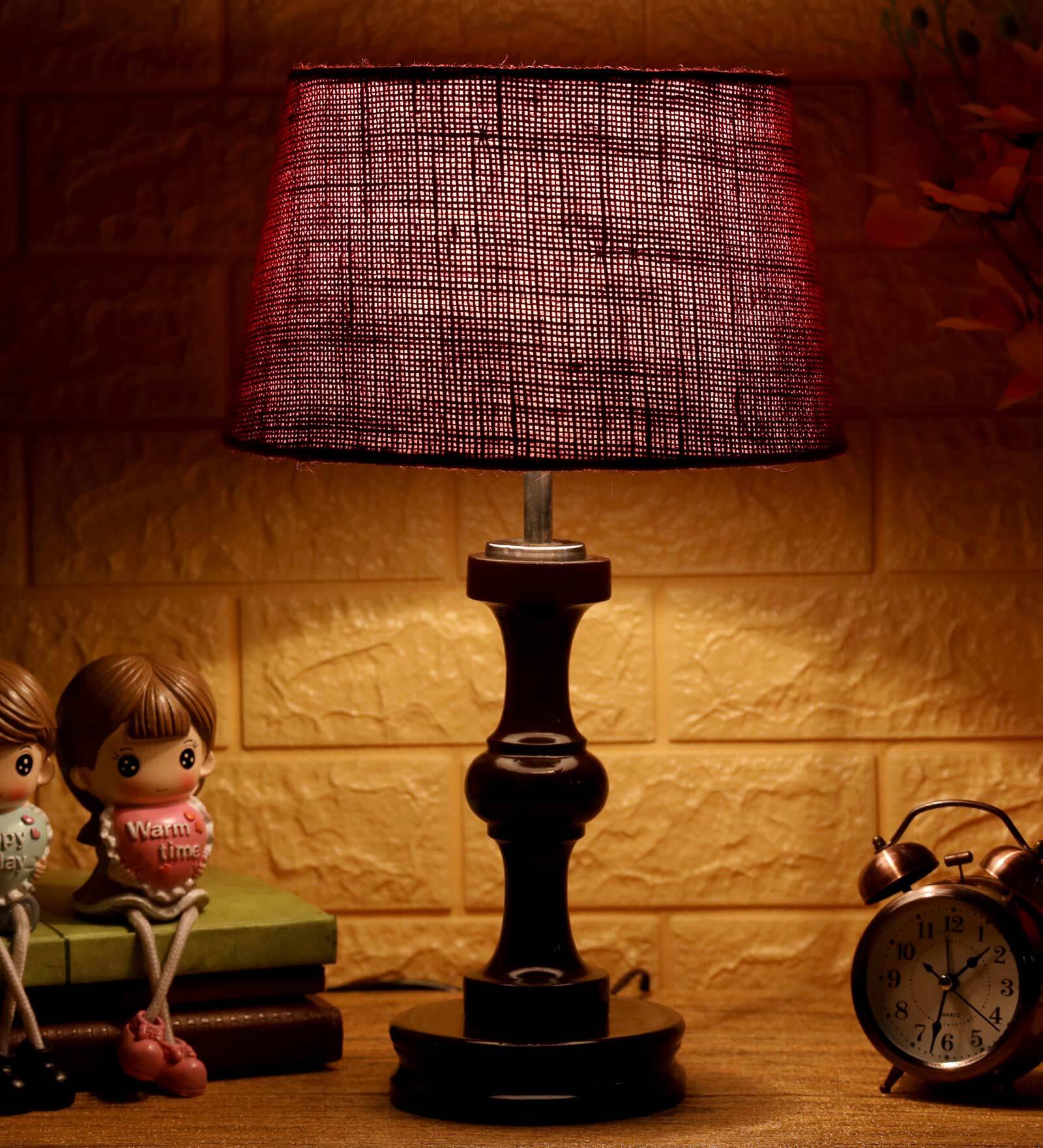 Buy Premium Maroon Natural Fiber Shade Night Lamp With Wood Base By ...