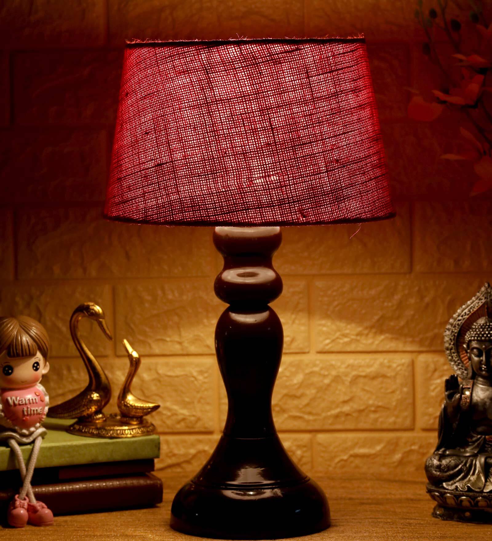 Buy Babel Maroon Natural Fiber Shade Night Lamp With Wood Base By ...