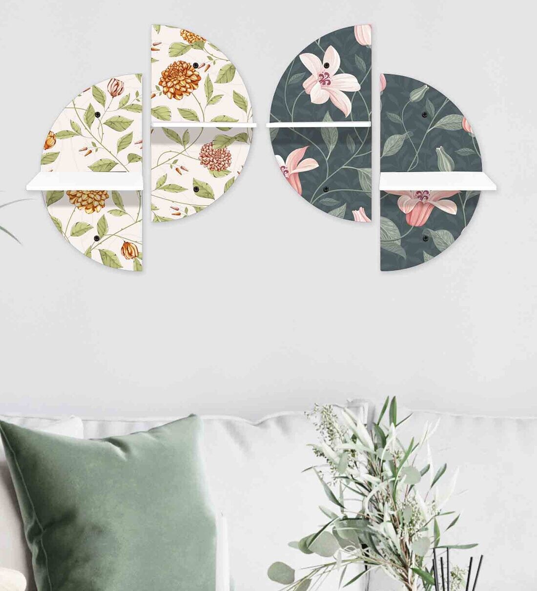 Buy MDF Floral Printed Semi Circular Wall Shelf with White Plates by ...