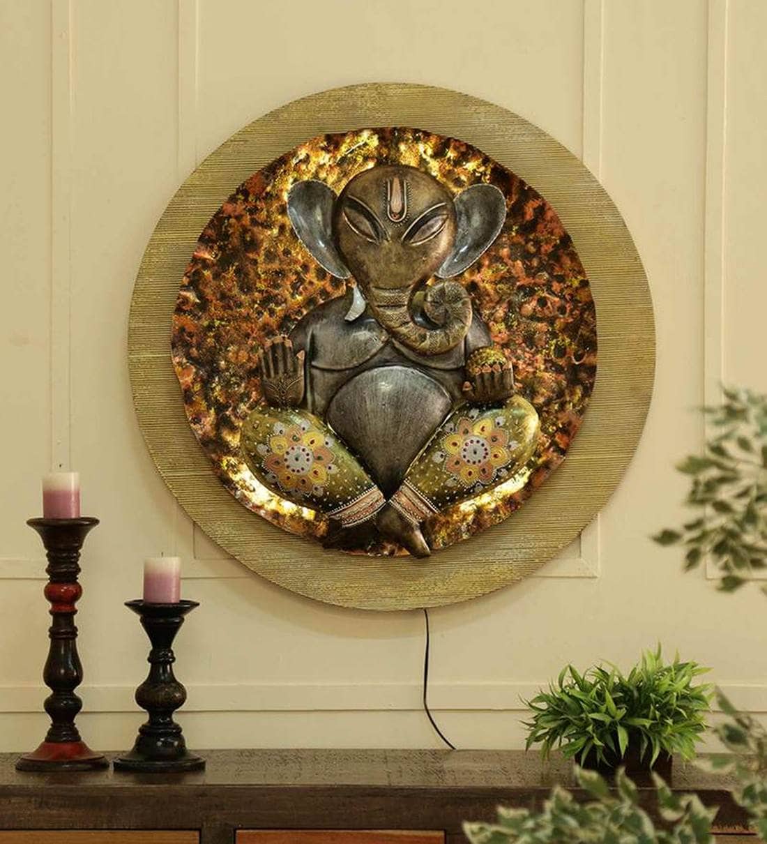 Buy Iron And Mdf Wood Lord Ganesha Wall Art With LED In Gold By Malik ...