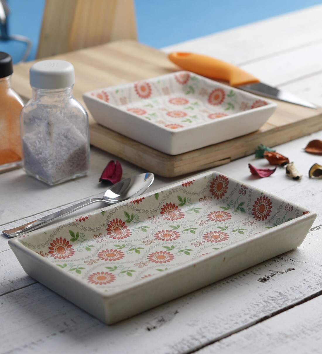 Buy Rectangle White Ceramic Serving Tray (Set of 2) by Miah Decor ...