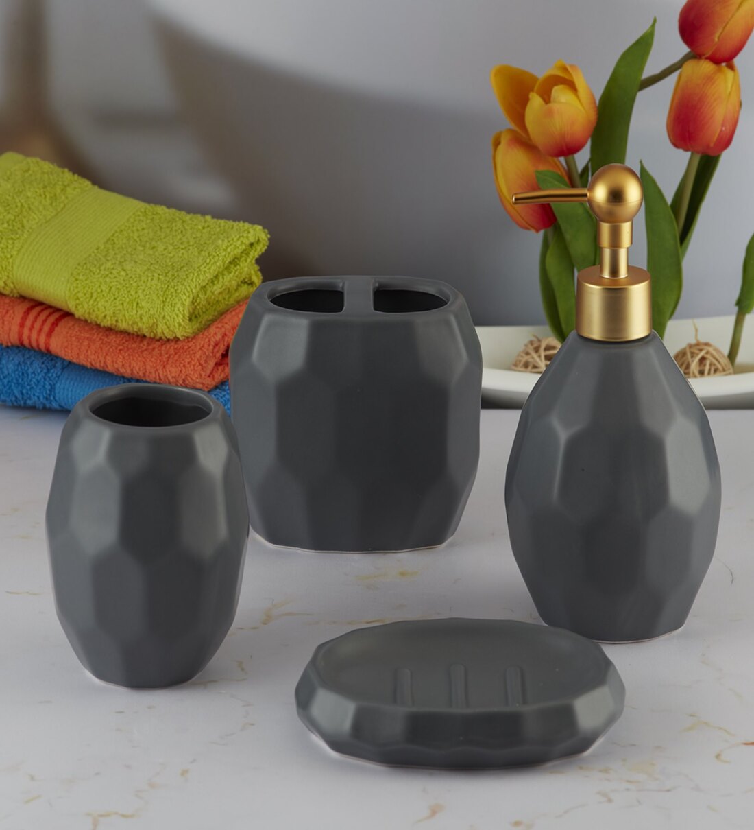 Buy Modern Grey Ceramic Set of 4 Bath Accessories Set by Kookee Online ...