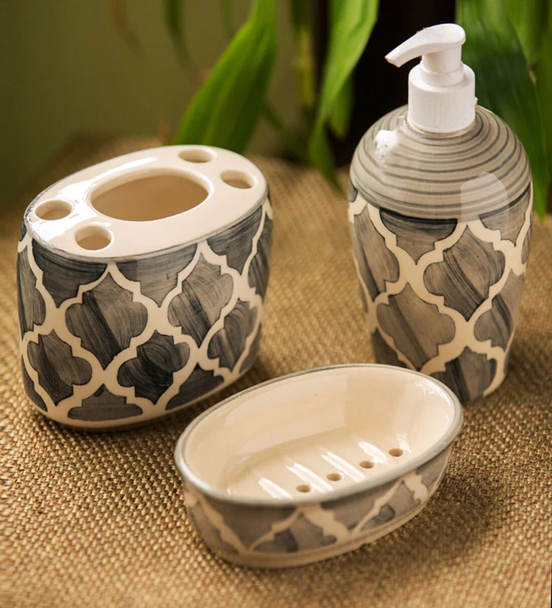 Buy Moroccan Grey & White Ceramic (Set of 3) Bath Set by ExclusiveLane at 27% OFF by ...