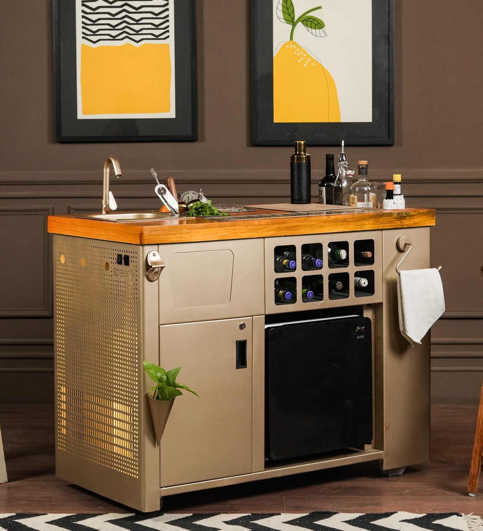 Buy Model Z All-In-One Metal Bar Cabinet in Gold Lattice & Brown Finish With Built-In 30L Godrej ...