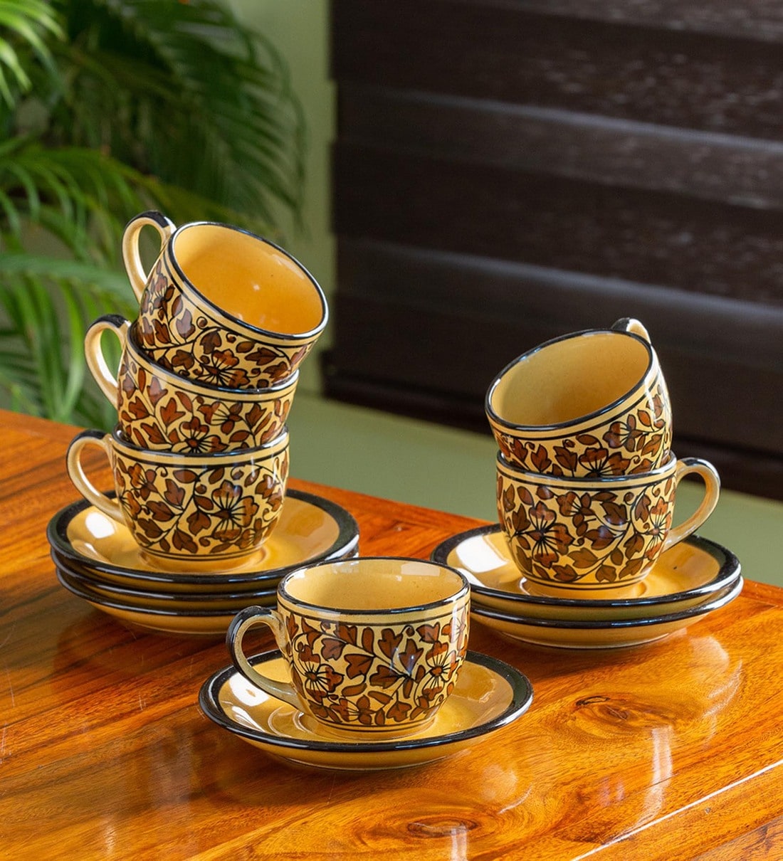 Buy Mughal Floral 160ml Brown (Set of 12) Ceramic Tea Cup & Saucer Set at 47% OFF by ...