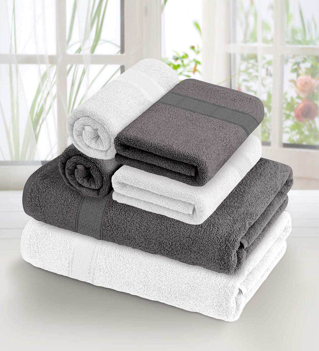 Buy Multicolor Solid 370 GSM Cotton Towel Sets (Set of 6) by @home ...