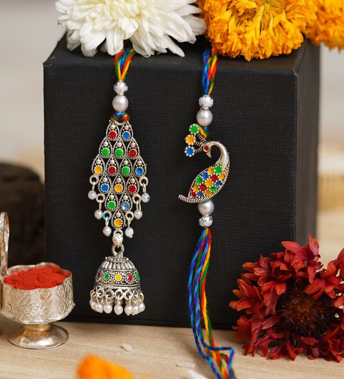 Buy Multicolor Peacock Designer Bhaiya Bhabhi Rakhi Set with Roli ...