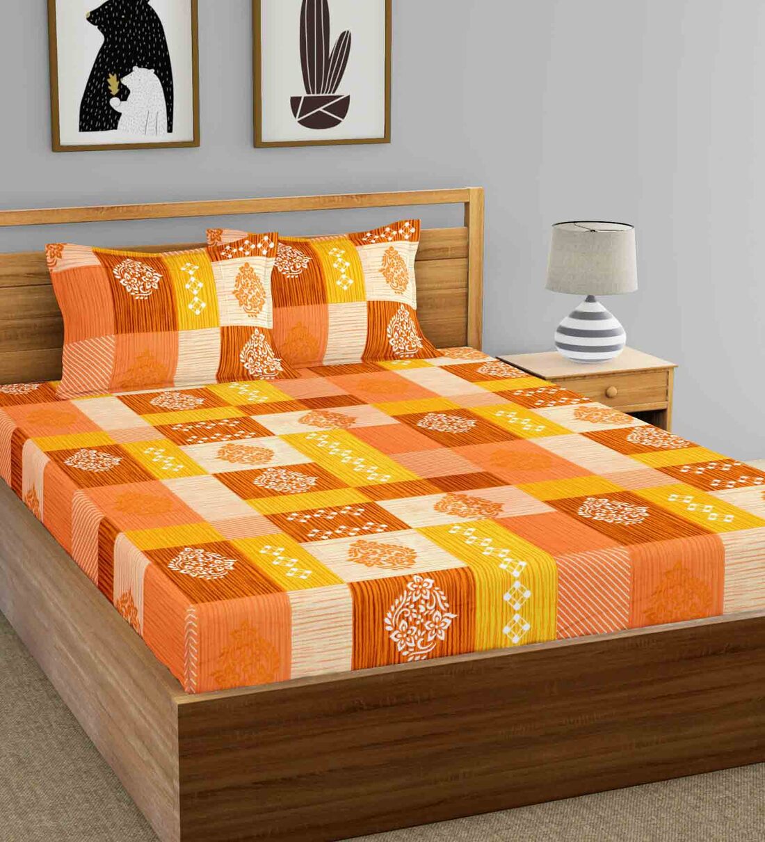 Buy Multicolour Geometric 144 Tc Cotton Queen Sized Bedsheet With 2